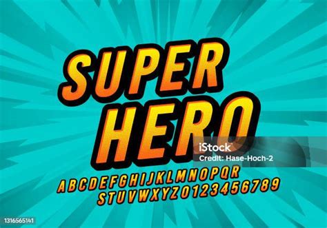 벡터 슈퍼 영웅 만화 재미 글꼴 복고풍 만화 디자인 편지와 숫자 알파벳 슈퍼히어로에 대한 스톡 벡터 아트 및 기타 이미지