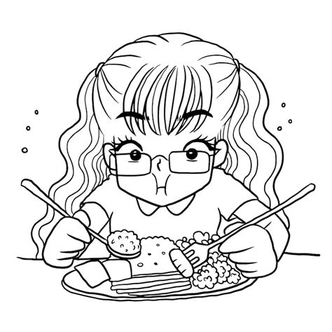 밥을 먹다 만화 낙서 카와이 애니메이션 색칠 공부 페이지 귀여운 일러스트 그리기 캐릭터 꼬마 망가 프리미엄 벡터