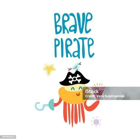 귀여운 아이 해적 인쇄 손으로 그린 재미있는 벡터 클립 아트 보물이있는 해적 모자에 귀여운 문어 용감한 해적 레터링 축하 행사 포스터 초대장 및 어린이 직물 장식 문어에