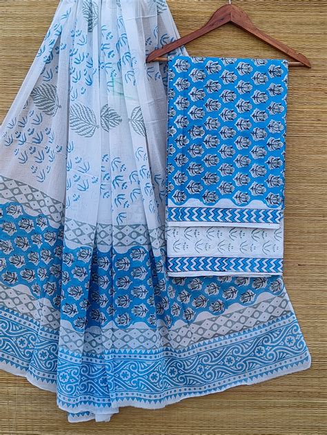 Hand Block Pure Cotton Unstitched Salwar Suit Set With Cottonmulmul D