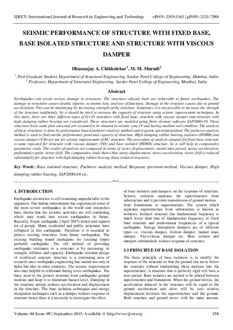 Pdf Seismic Performance Of Structure With Fixed Base Base Isolated Structure And Structure