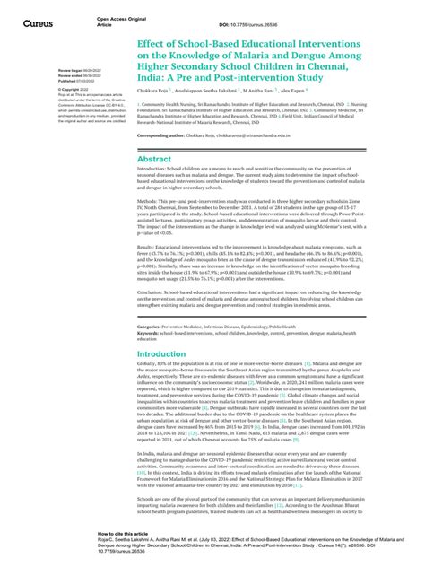 Effect Of School Based Educational Interventions Pdf Malaria Medical Specialties