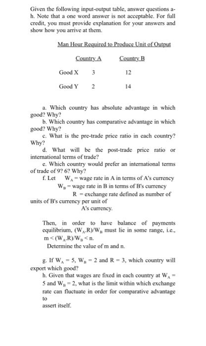 solved given the following input output table answer