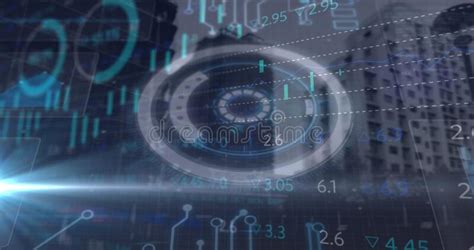 Stock Market Data Processing And Round Scanner Against Tall Buildings In Background Stock