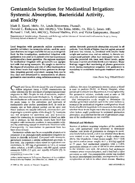 Pdf Gentamicin Solution For Mediastinal Irrigation Systemic Absorption Bactericidal Activity