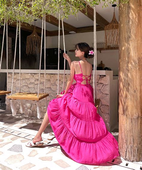 [m L]핫핑크 비치 롱원피스 Op19911f 백크로스 백리스 끈 나시 휴양지 바캉스 신혼여행 드레스 에이블리