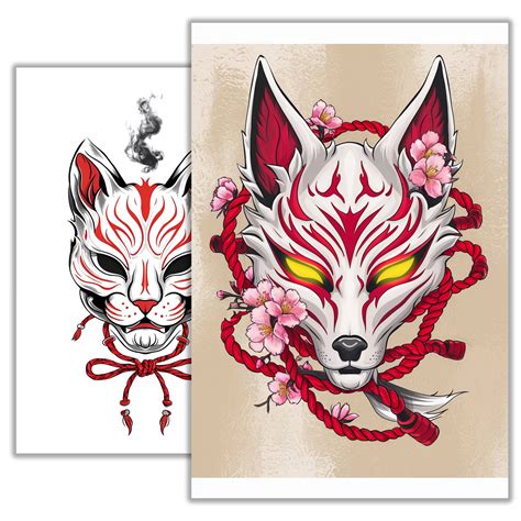 Kitsune Mask Tattoo Sketch Intricate Japanese Fox Spirit Design Etsy