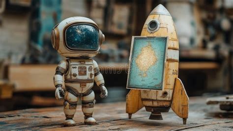 Retro Futuristic Robot Holding Map Next To A Vintage Rocket Stock Retro Futuristic Robot Holding Map Next To A Vintage Rocket Stock