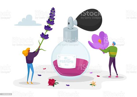 아로마 구성 향수 창조 향수 캐릭터는 향수 향기를 만듭니다 작은 사람들은 보라색 꽃을 가지고 향수 미용 위생 제품에 대한 스톡 벡터 아트 및 기타 이미지 Istock
