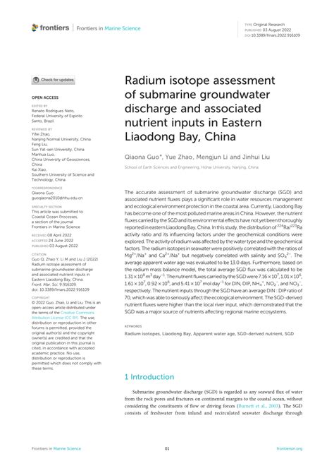 Pdf Radium Isotope Assessment Of Submarine Groundwater Discharge And Associated Nutrient