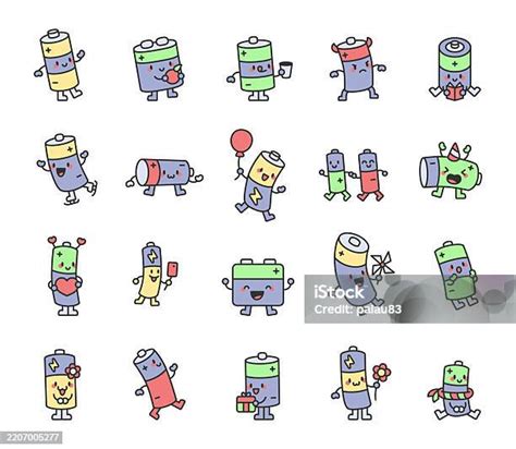 에너지 힘 기술 재미 즐거움 표현 라이프 스타일 전기 요금 장난이 심한 쾌활한 친절한 웃고있는 활동 가제트에 대한 행복한 만화 감정을 가진 귀여운 카와이 배터리 캐릭터