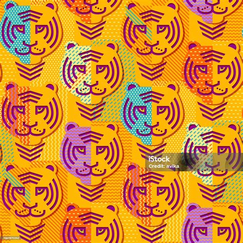 어두운 노란색 배경 종이 패치 워크 원활한 패턴 배경 일러스트에 호랑이 얼굴 고등학교 이하에 대한 스톡 벡터 아트 및 기타