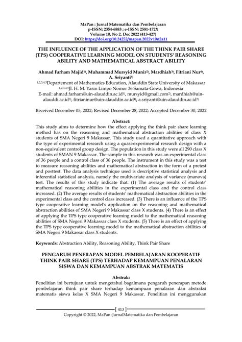 Pdf The Influence Of The Application Of The Think Pair Share Tps Cooperative Learning Model