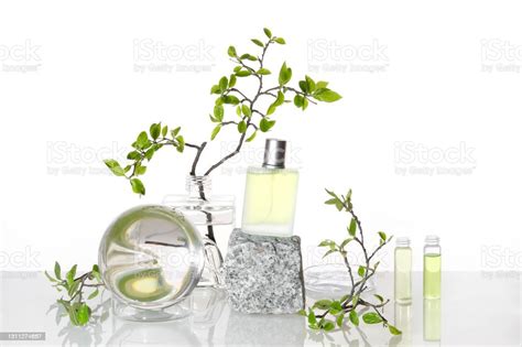 천연 녹색 실험실 추상적인 꽃꽂이 투명 유리 바이알에 제품 회색 화강암 연단 물에 왜곡 된 잎의 반사 항아리 튜브에 봄 녹색 나뭇 가지 0명에 대한 스톡 사진 및 기타