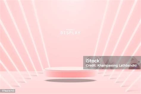 추상적인 분홍색 3d 실린더 연단 받침대는 스튜디오 룸에서 빛나는 네온 튜브 소품과 함께 공중에 떠 있는 사실적인 모습입니다 쇼 화장품을 위한 미래 지향적인 디자인 장면