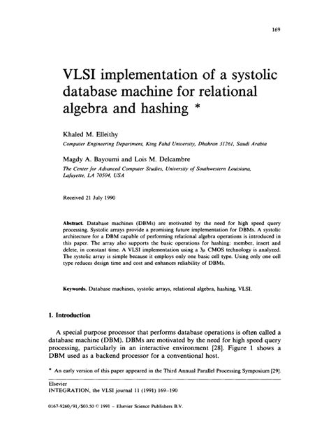 Pdf Vlsi Implementation Of A Systolic Database Machine For Relational Algebra And Hashing