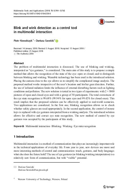 Pdf Blink And Wink Detection As A Control Tool In Multimodal Interaction