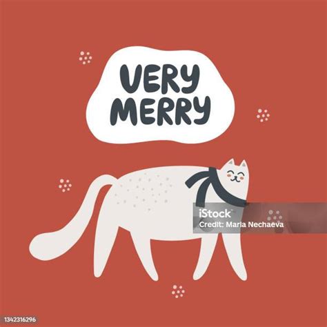 귀여운 고양이와 매우 즐거운 글자 손으로 그린 벡터 그림 크리스마스 카드 템플릿 12월에 대한 스톡 벡터 아트 및 기타 이미지 12월 2022년 개체 그룹 Istock