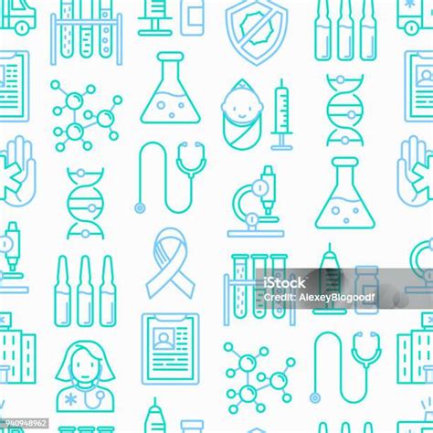 얇은 선 아이콘으로 예방 접종 원활한 패턴 백신 주사기 앰 풀 유리병 현미경 바이러스 Dna 병원 구급차 벡터 일러스트입니다 0