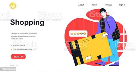 쇼핑 웹 배너 개념 남자는 판매에서 구매를하고 배달 서비스로 주문 및 소포를 받고 상점에서 구입 방문 페이지 템플릿 플랫 디자인의 인물 장면과 벡터 일러스트레이션 개념에