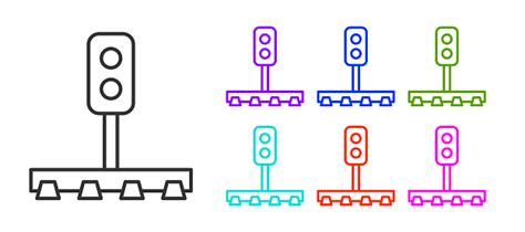 흰색 배경에 격리 된 검은 줄 기차 신호등 아이콘 열차의 움직임을 조절하기 위한 신호등 다채로운 아이콘을 설정합니다 벡터 교통신호등에 대한 스톡 벡터 아트 및 기타 이미지