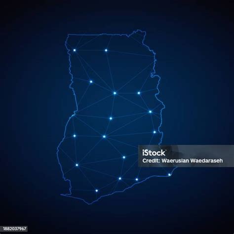 추상 Wireframe 메쉬 다각형 지도 와 가나 와 불빛 와 도시의 와 진한 파란색 배경 통하고 있는 벡터 일러스트 레이 션