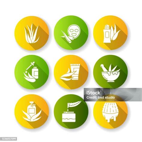 알로에 베라 플랫 디자인 긴 그림자 문 하 아이콘 세트 약초가있는 발한 억제제 스킨케어용 화장품 식물성 크림과 로션 실루엣 Rgb 컬러 일러스트 0명에 대한 스톡 벡터 아트