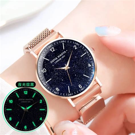 Женские часы магнитные розовое золото звездное небо часы светящиеся дамские нержавеющая