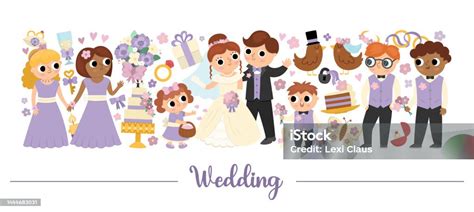 벡터 결혼식 가로 테두리는 방금 결혼 한 부부와 함께 설정 됩니다 휴일 문자가 있는 결혼식 카드 템플릿 디자인 신부 신랑 신부 들러리와 귀여운 결혼 국경 가공의 인물에 대한