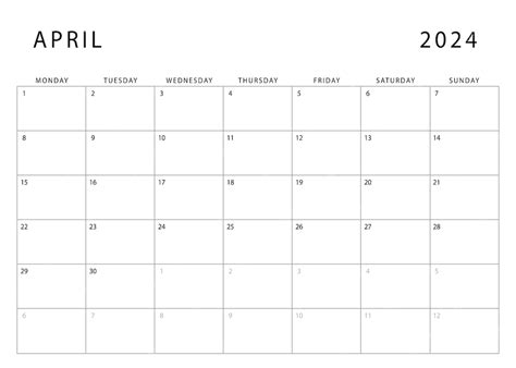 Календарь на апрель 2024 года Начало понедельника Шаблон ежемесячного планировщика Векторный