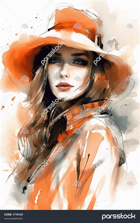 دختر جوان جذاب با کلاه نقاشی شده با آبرنگ روی کاغذ بافت نقاشی دیجیتال