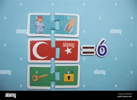 mathematical operation with educational puzzles placed on a blue