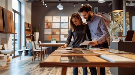 A Couple In A Modern Showroom Examining Material Samples Likely