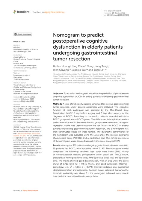 Pdf Nomogram To Predict Postoperative Cognitive Dysfunction In