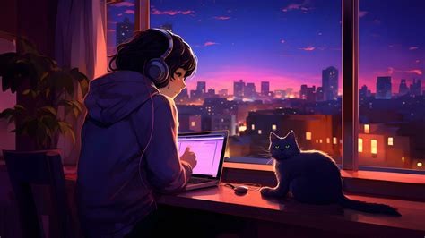 Lofi Girl Wallpaper 4k Night Cat Window City Lights