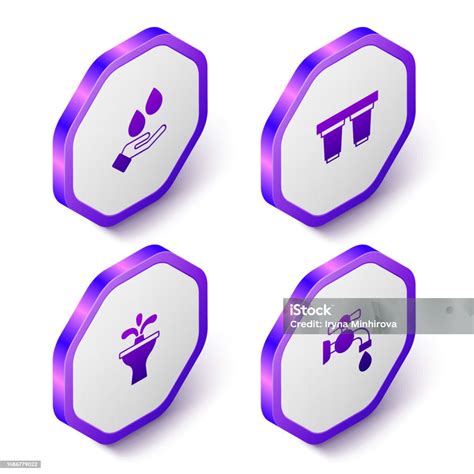 비누 정수 필터 카트리지 분수 및 탭 아이콘으로 아이소메트릭 손 씻기를 설정합니다 보라색 육각형 버튼 벡터 3차원 형태에 대한 스톡 벡터 아트 및 기타 이미지 Istock