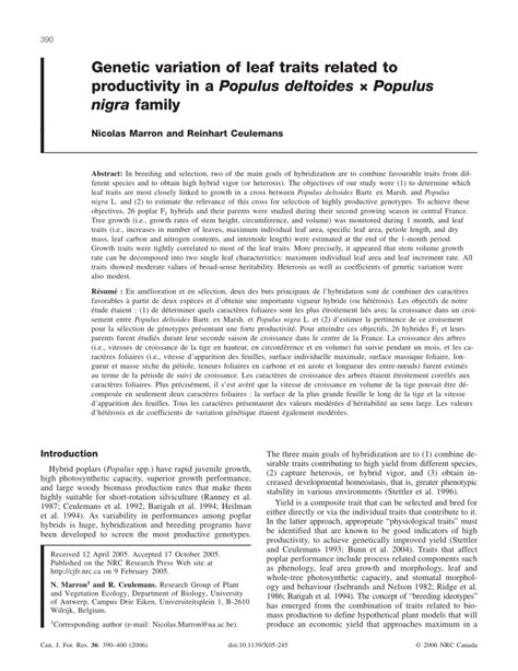 Pdf Genetic Variation Of Leaf Traits Related To Productivity In A Populus Deltoides × Populus