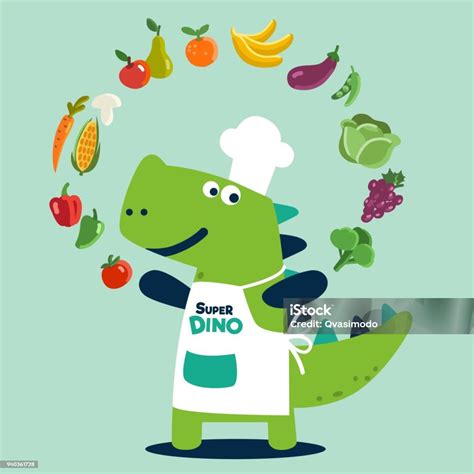 요리사 과일 및 야채와 유니폼에 귀 엽 고 웃는 공룡 건강 식품 벡터 개념 0명에 대한 스톡 벡터 아트 및 기타 이미지 0명 가지 채소 건강한 생활방식 Istock