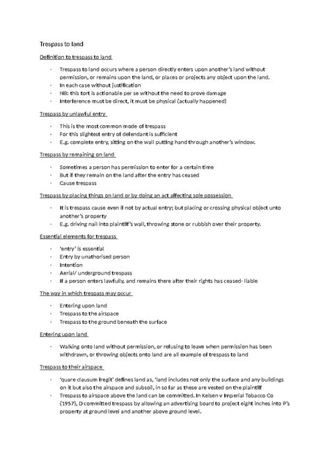 Trespass To Land Notes Trespass To Land Definition To Trespass To