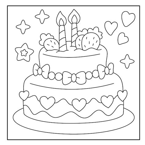 인쇄할 수 있는 귀여운 언콘 생일 케이크 색칠하기 프리미엄 벡터