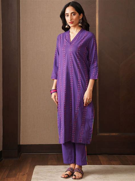 Buy Jaypore Ethnic Motifs Embroidered V Neck Pure Cotton Straight Kurta