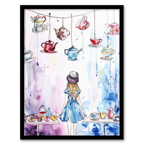 Artery8 Alice Wonderland Mad Hatter Tea Party Watercolour Framed Art Print In Blue Size A4 By