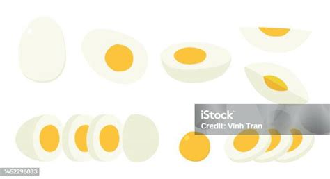 얇게 썬 삶은 계란 클립 아트의 벡터 세트입니다 간단한 전체 반 분기 잘라낸 삶은 계란 평면 벡터 그림이 격리되어 있습니다 노란 노른자 만화 손으로 그린 스타일로 흰색 삶은