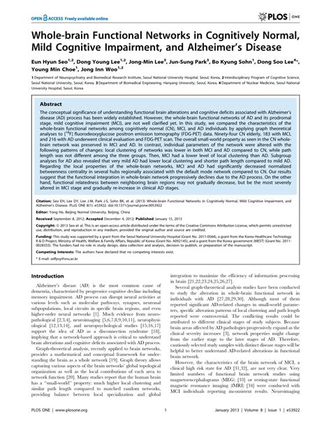 Pdf Whole Brain Functional Networks In Cognitively Normal Mild