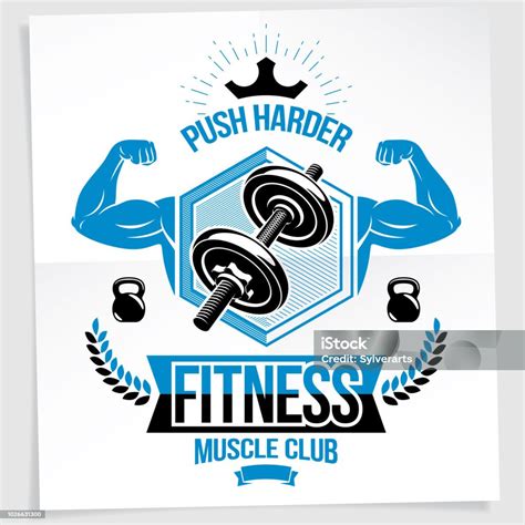 체육관 광고 포스터입니다 벡터 구성 디스크 무게 아령과 주전자 벨 스포츠 장비와 운동 매너 팔 뚝 팔을 사용 하 여 만든 Championship에 대한 스톡 벡터 아트 및