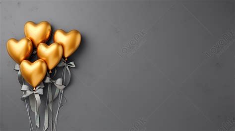 놀라운 3d 그림 회색 벽 배경에 황금색 하트 모양의 풍선이 있는 가로 배너 디자인 회색 풍선 배경 금색 배경 놀라 배경 이미지 Hd 회색 풍선 금색 놀라 배경