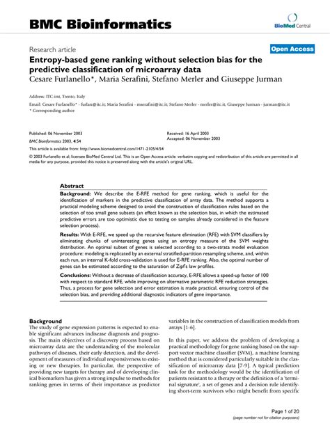 Pdf Entropy Based Gene Ranking Without Selection Bias For The Predictive Classification Of