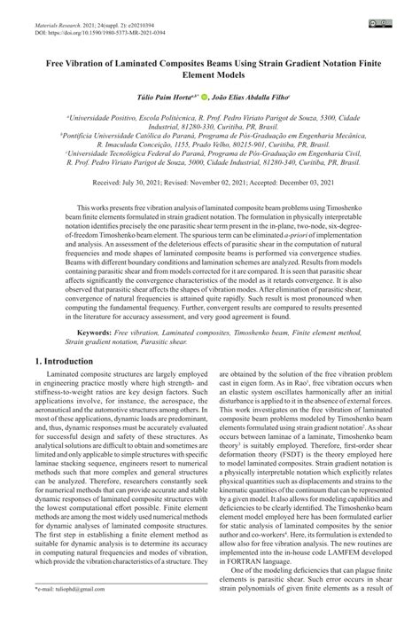 Pdf Free Vibration Of Laminated Composites Beams Using Strain Gradient Notation Finite Element