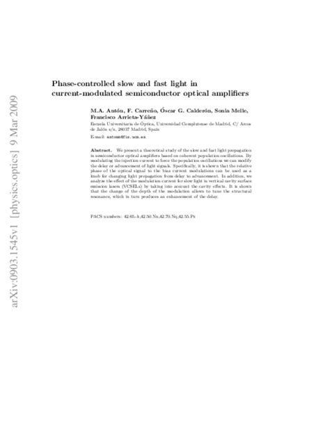 Pdf Phase Controlled Slow And Fast Light In Current Modulated Semiconductor Optical Amplifiers