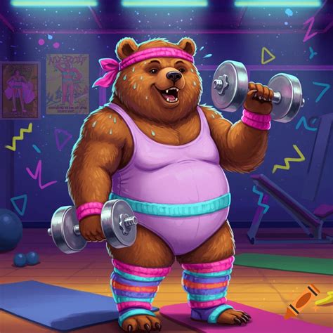 A Chunky Bear In 80s Workout Clothes Including A Pink Headband And